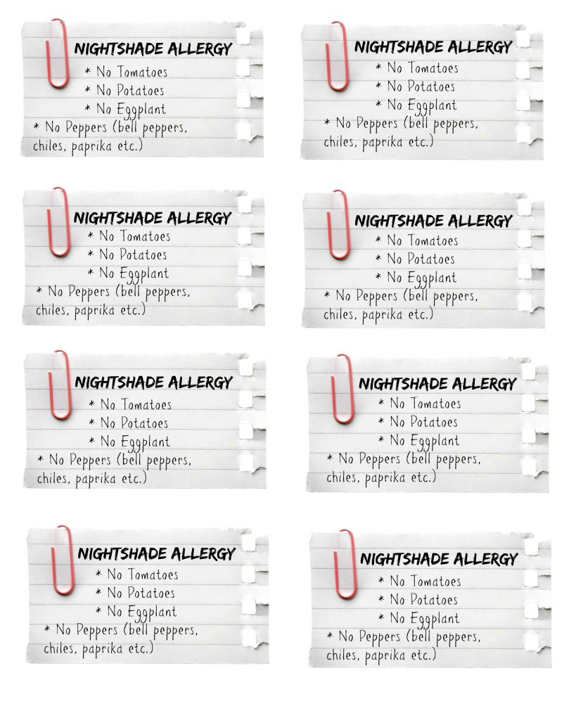 Nightshade Allergy Cards - Free Printable PDF - Mama Likes To Cook